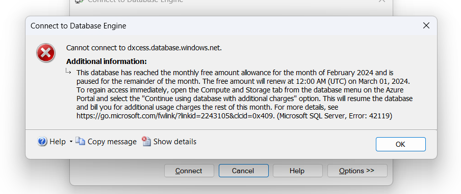 Why am I still getting "This database has reached the monthly free amount allowance for the ...