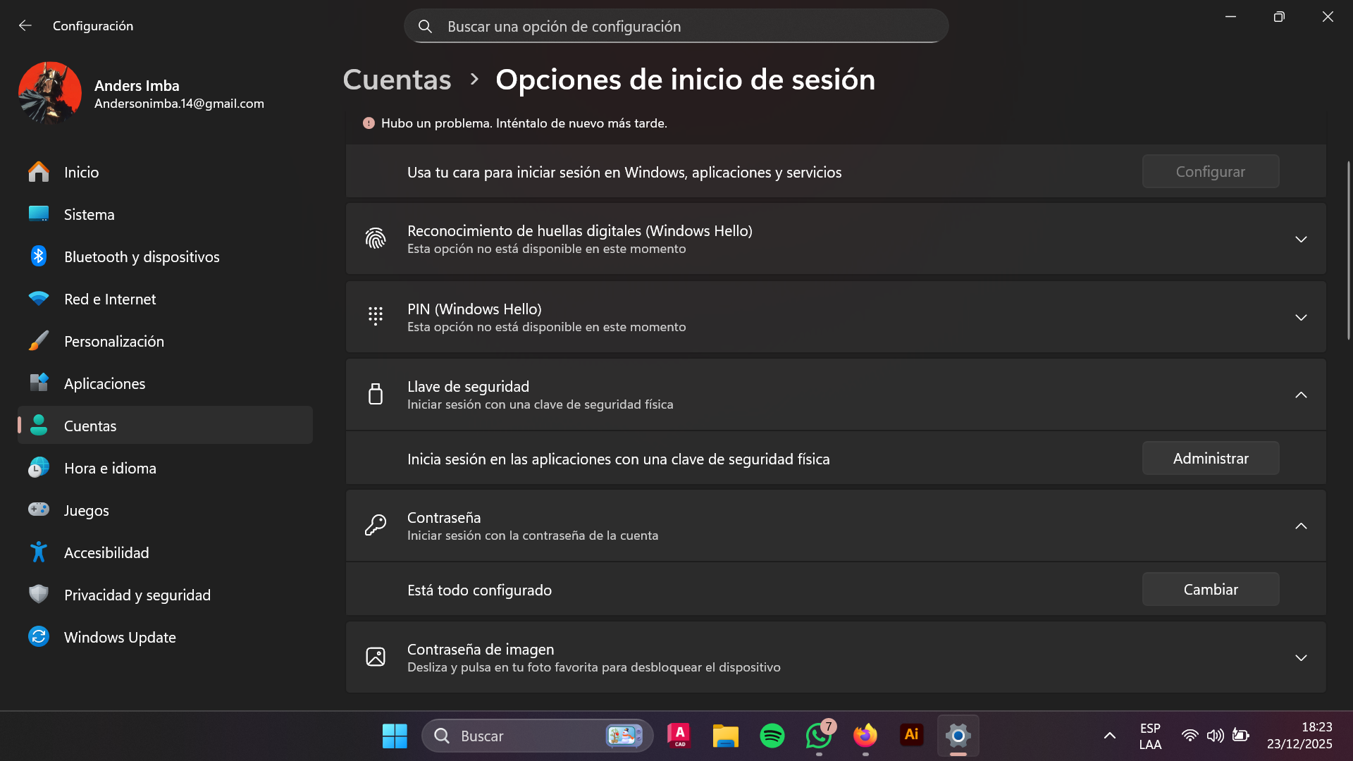 No me funciona windows Hello (ni huella, ni reconocimiento, ni pin ...