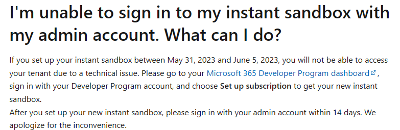 Error to access my Microsoft 365 instant sandbox - Microsoft Q&A