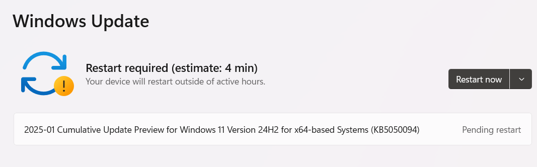 Pending restart - 2025-01 Cumulative Update Preview for Windows 11 ...