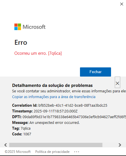 Erro [7q6ca] ao tentar fazer login com a conta da microsoft no Word - Microsoft Q&A