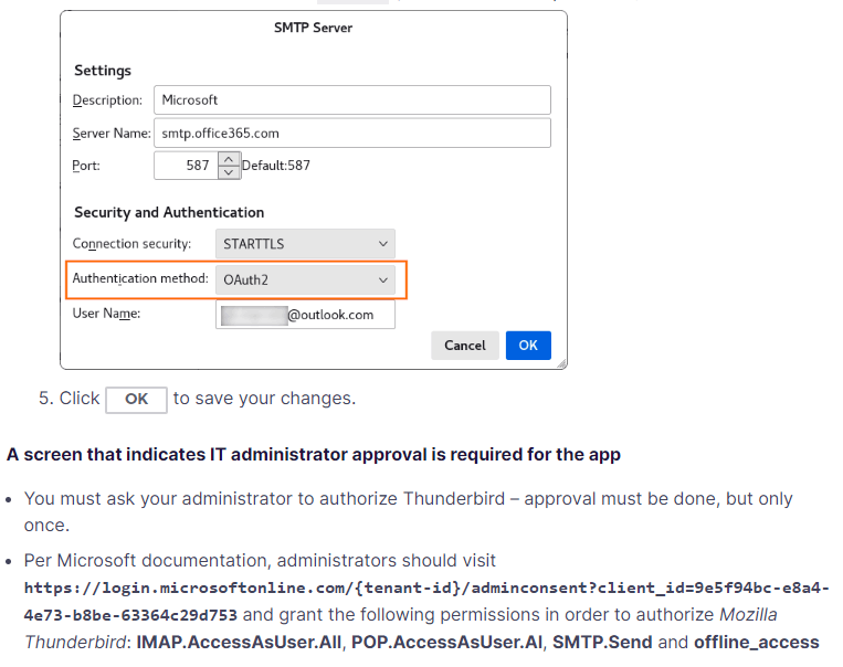 Thunderbird can receive but not send email via 365 - Microsoft Q&A