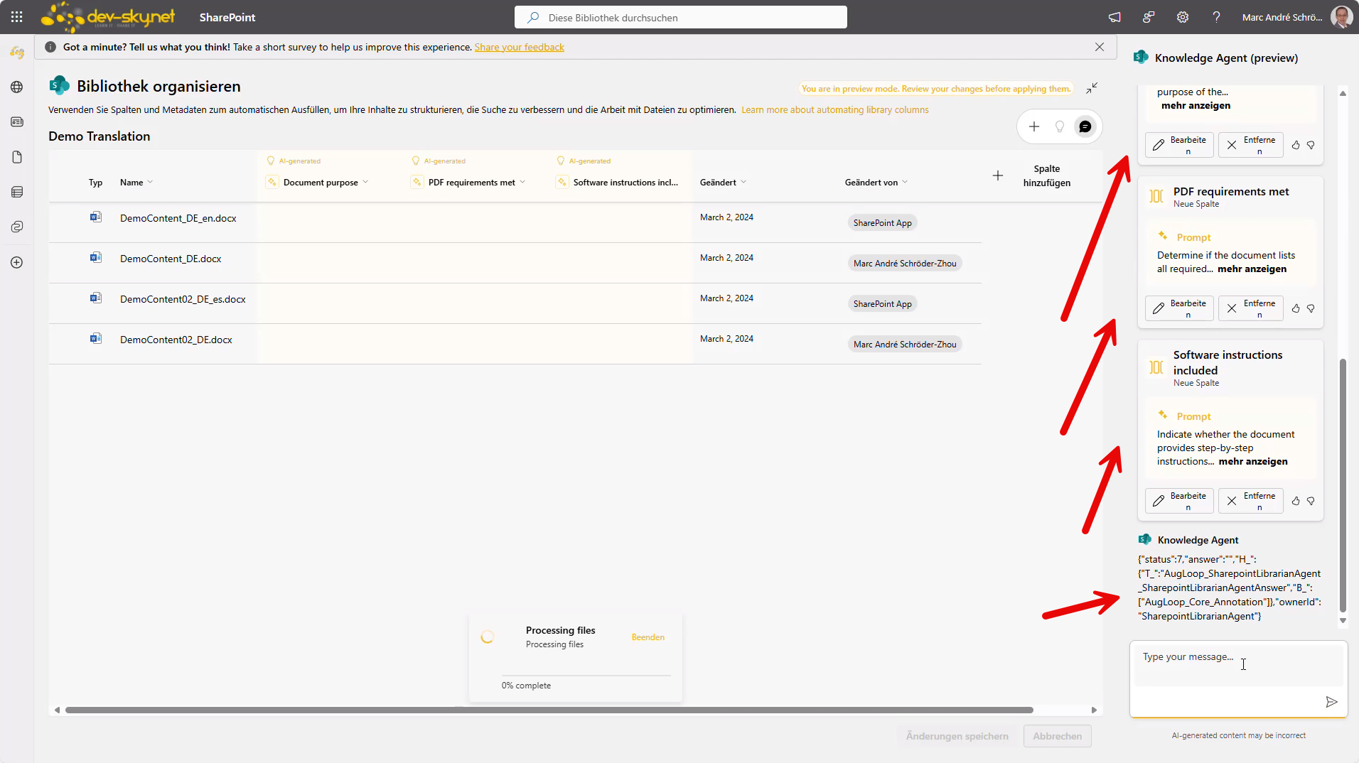 Knowledge Agent in SharePoint - Some (Command) prompts reply JSON only ...