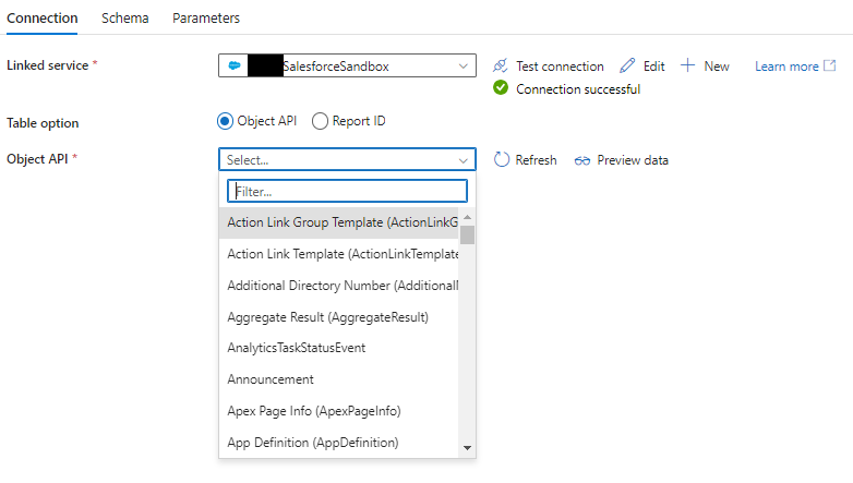 Object API won't show when trying to establish connection between the Salesforce V2 and ADF ...