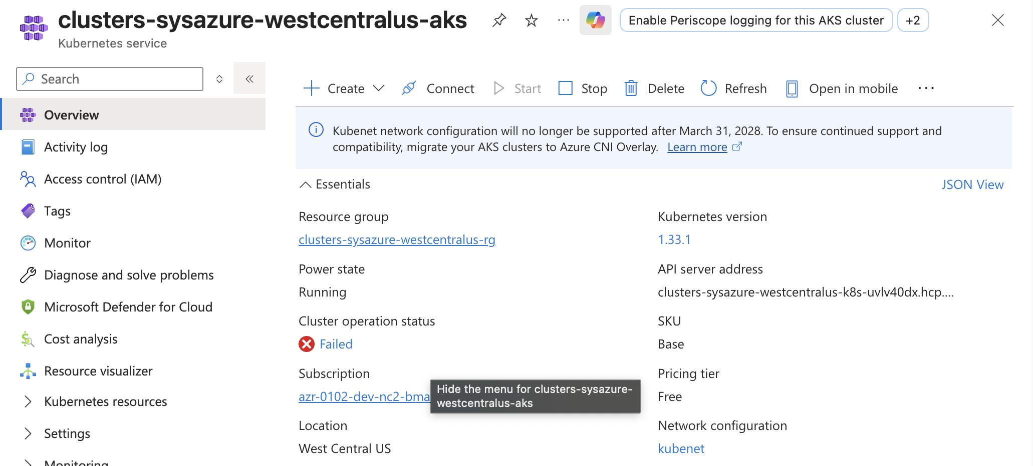How to fix my Azure AKS cluster which is showing 'Cluster Operation ...