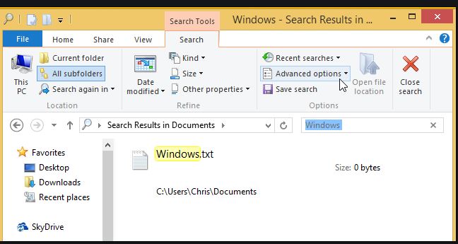 Windows file explorer search results -- I want search results to show a ...