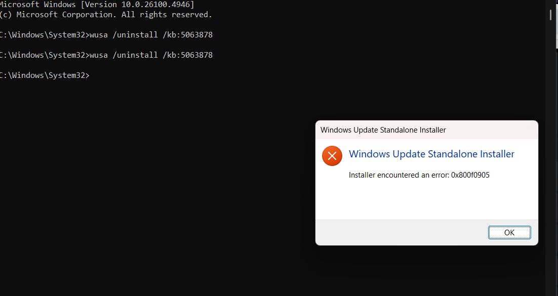 Can't uninstall the ms windows 11 security update KB5063878 - Microsoft Q&A