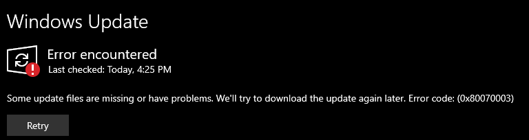 Windows Update Error 0x80070003 - Microsoft Q&A