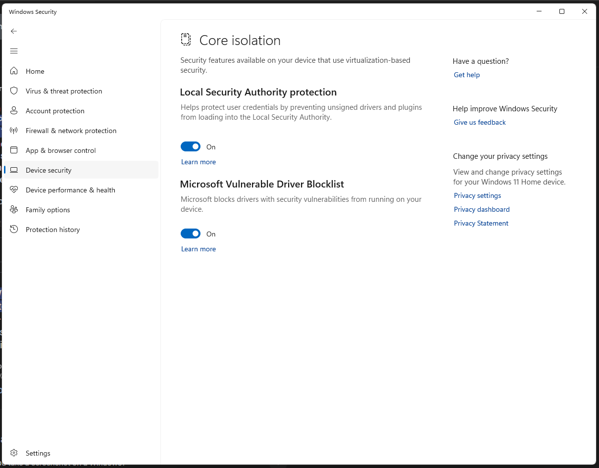 Can't find the memory integrity option on core isolation page - Microsoft Q&A