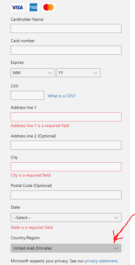 Unable to change my billing address while adding the card within in the ...