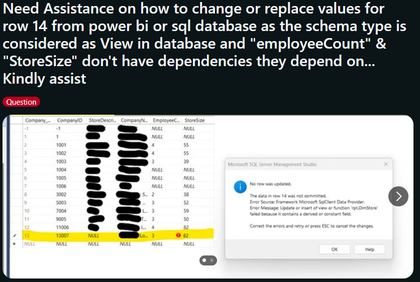 how to change or replace values for only row 14 from power bi or sql database as the schema type ...