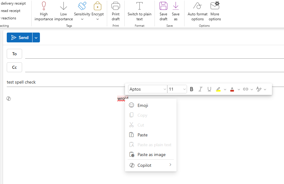 spell check on left click in Outlook - Microsoft Q&A