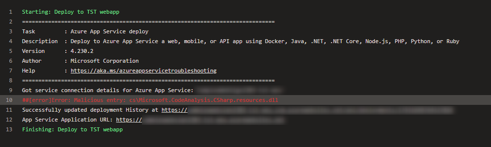 Error Malicious entry when deploying from DevOps pipelines - Microsoft Q&A