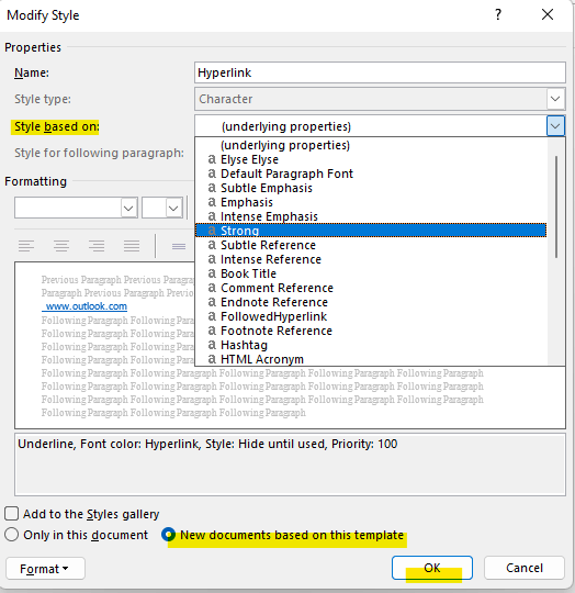 How do you create the default font size and style for hyperlinks when ...