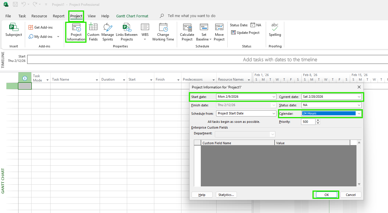 Microsoft Projects - 24 hr calendar with 2 (30 min) lunch breaks ...