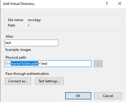 I want to upload files to the shared folder iis virtual folder ...