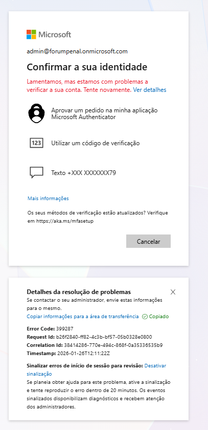 Global Admin account 2FA error 399287 - Microsoft Q&A