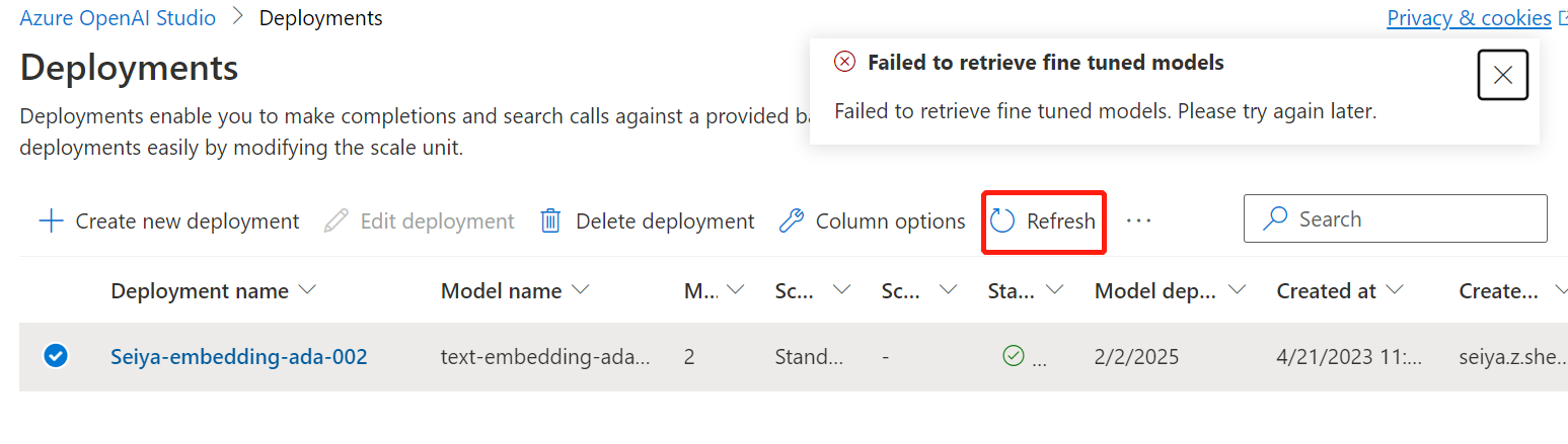 When I fresh the modes on Azure OpenAI studio, it shows the error - Microsoft Q&A