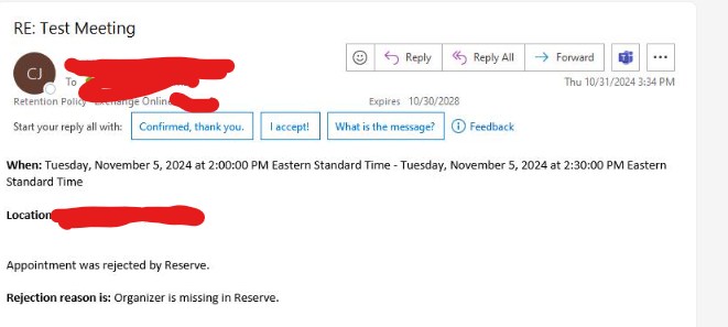 Resource mailbox auto declined meeting Rejection reason is: Organizer ...