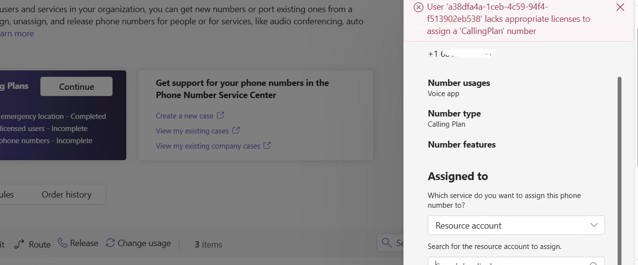 Error setting up a new resource account and assign the phone number ...