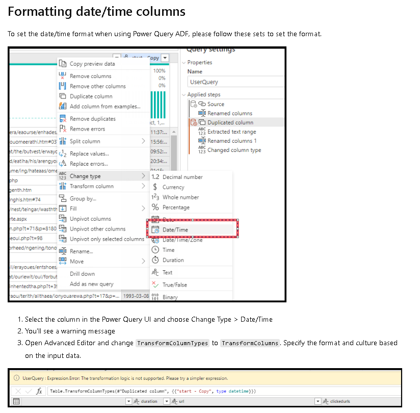 Unsupported constant null error for a power query transformation - Azure Data Factory ...