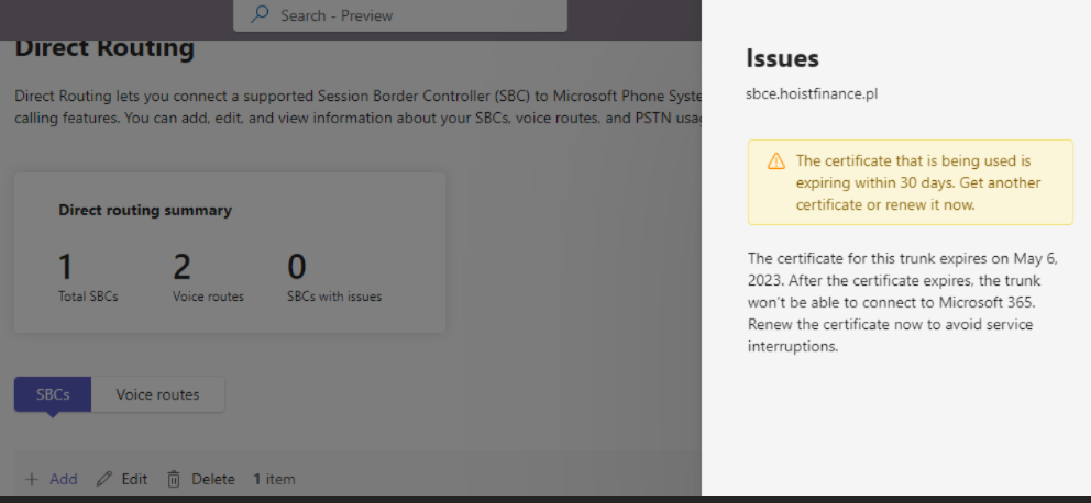 SBC shows certificate expiry in direct routing - Microsoft Q&A