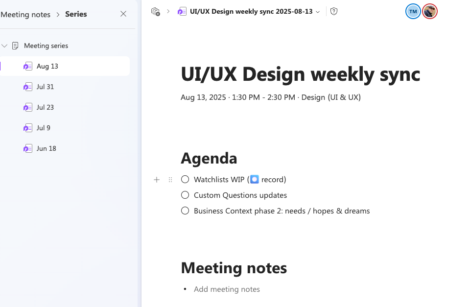 In-call "Notes" tab and the meeting agenda in Teams calendar not ...