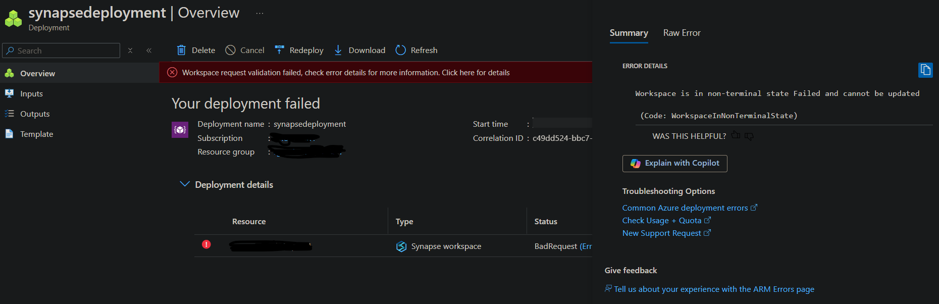 How to fix resource provisioning failed in Synapse (Please check deployment status for more ...