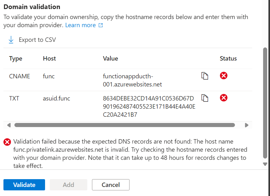 Trying to add a custom domain name to the private end point functionapp, but it is throwing ...