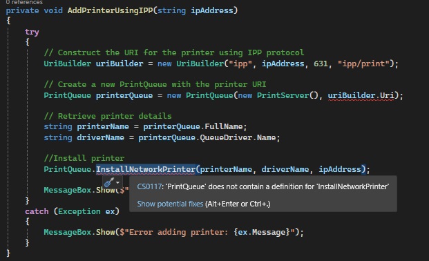 how to make the Window Add Printer For Protocol WSD and IPP in C# ...