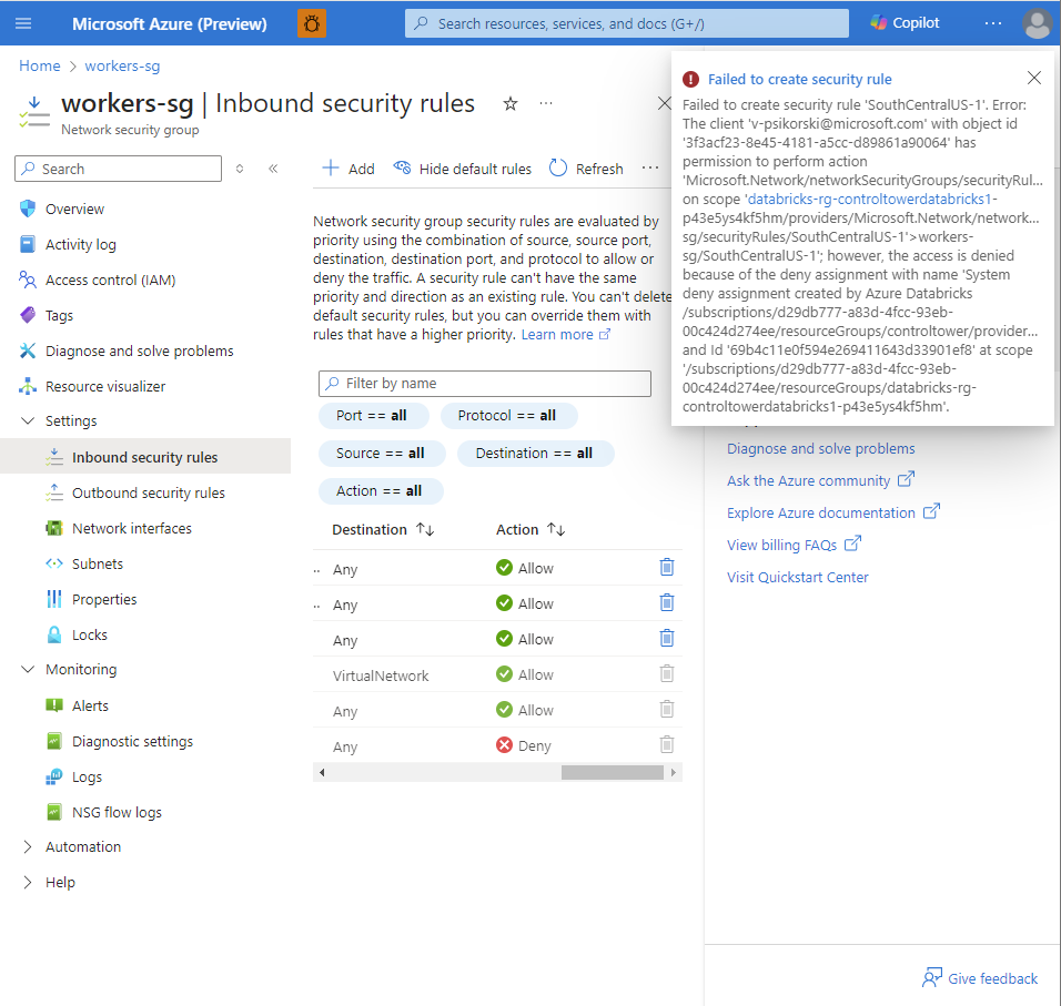 How Do I Add An Inbound Security Rule If There Is An Default Denyallinbound Rule That Causes An