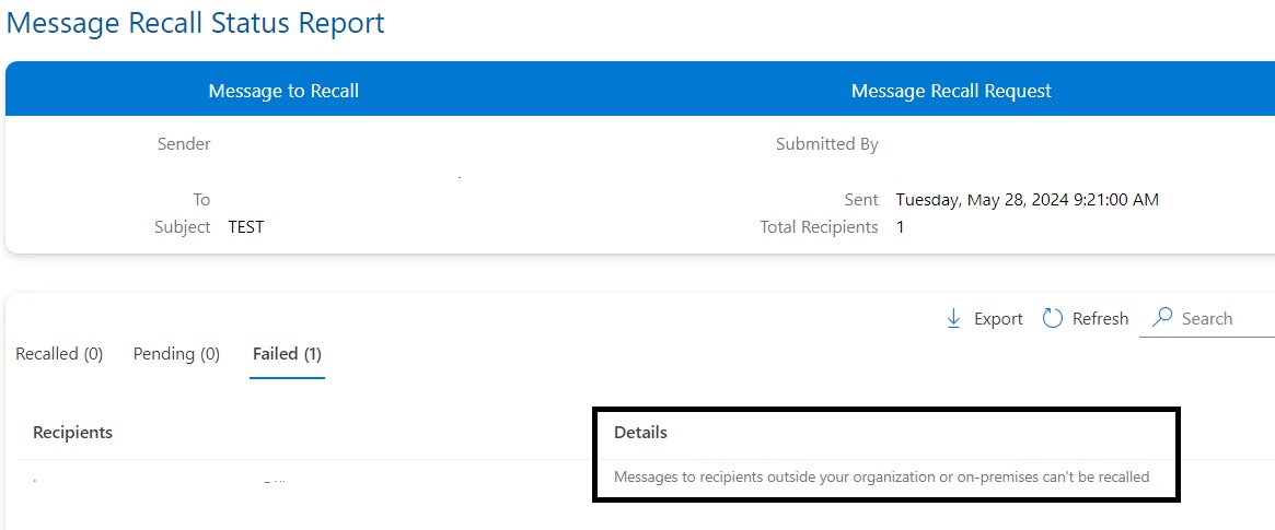 ‎message recall reports are not correct‎ In hybrid exchange - Microsoft Q&A