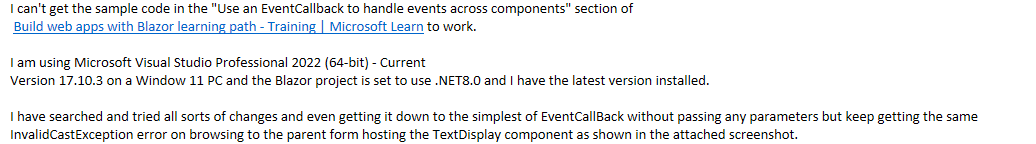 How To Resolve Invalidcastexception Error In Sample Code Listed In Use An Eventcallback To