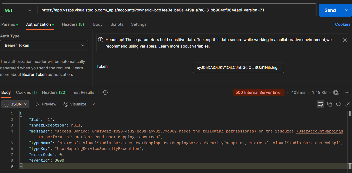Unable To List Azure Devops Organization By Azure Devops Rest Api Using