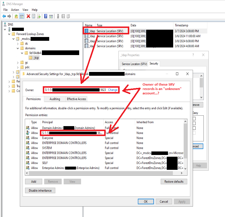 Active Directory DNS _ldap SRV record owner is an Unknown account ...