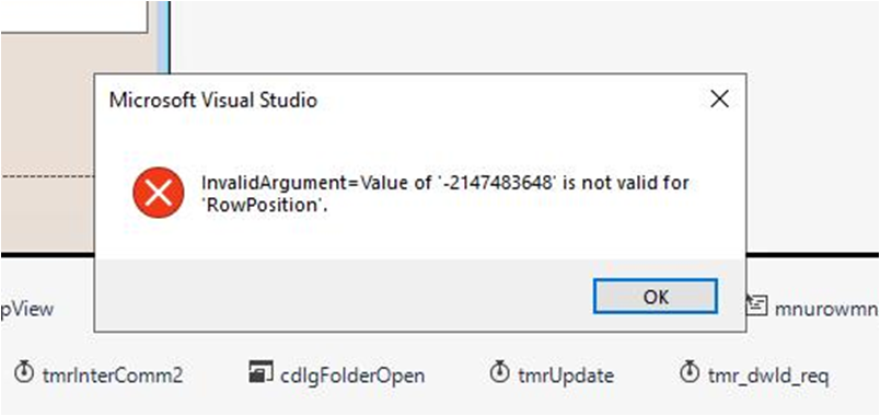 Getting Value not valid for 'RowPositon' in Visual Studio when moving a ...