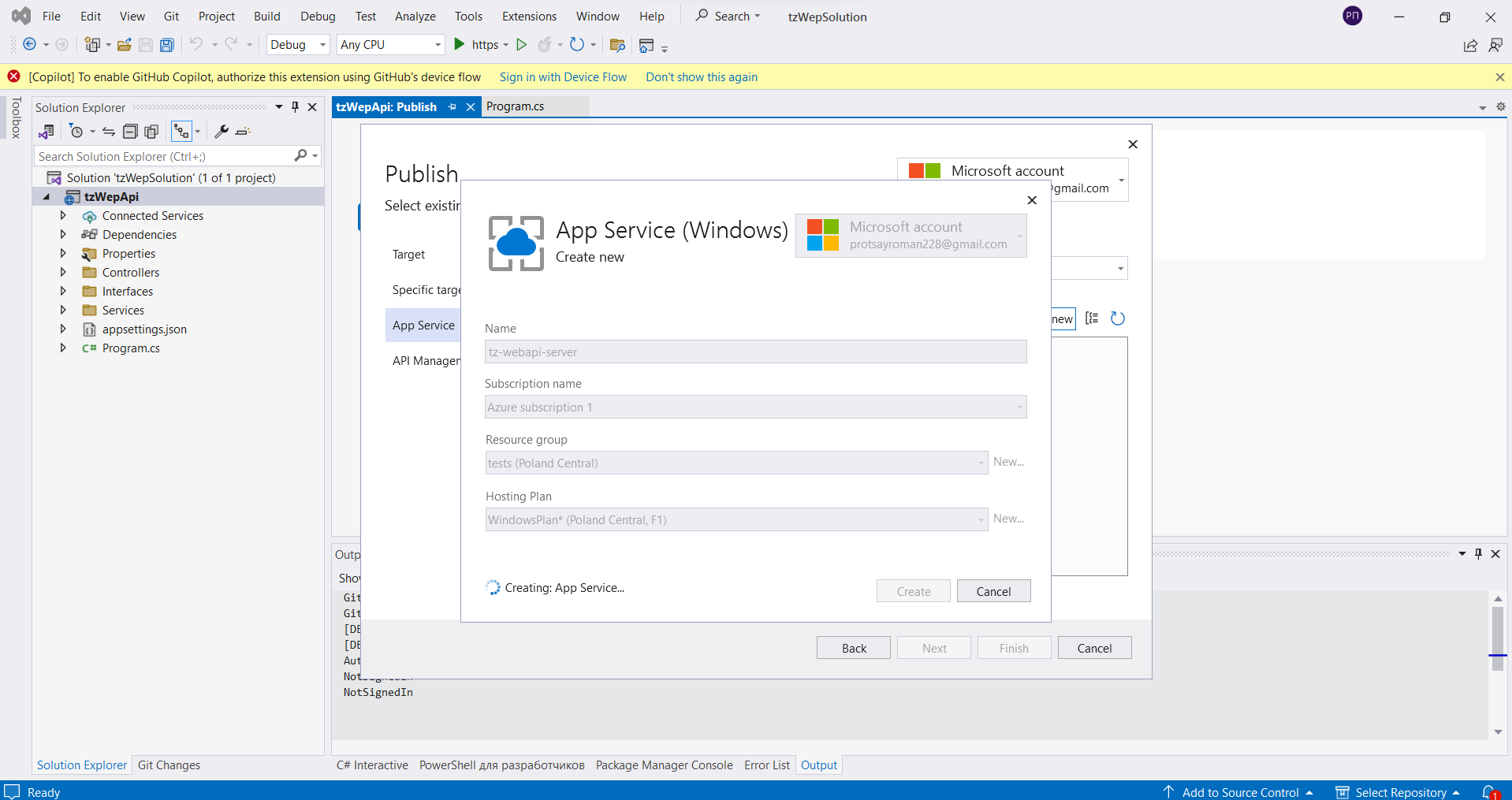 Cannot create any web service for Linux or Windows. Infinite loading and auto canceling ...