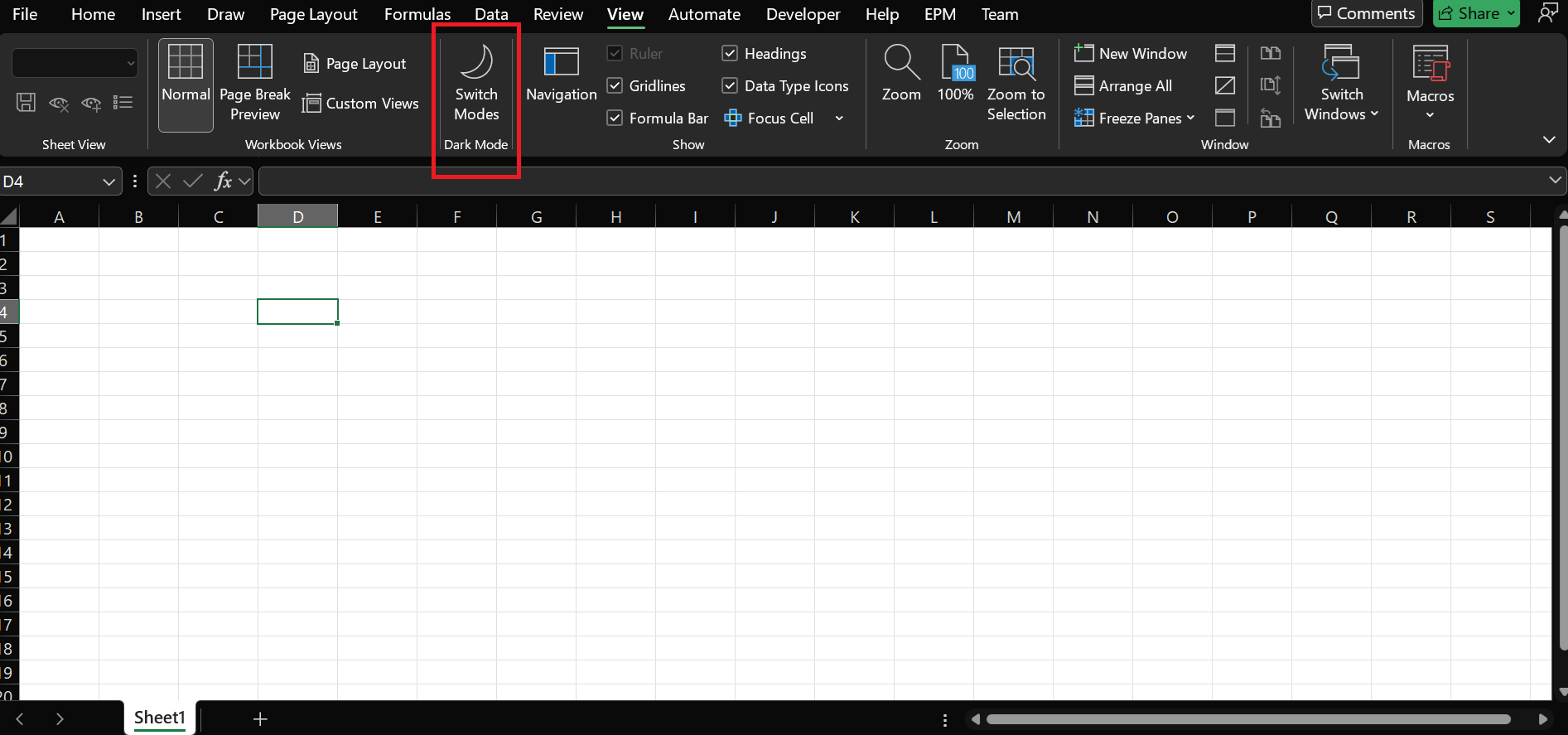 Not seeing Switch Mode (Dark Mode) button in Excel View tab - Microsoft Q&A