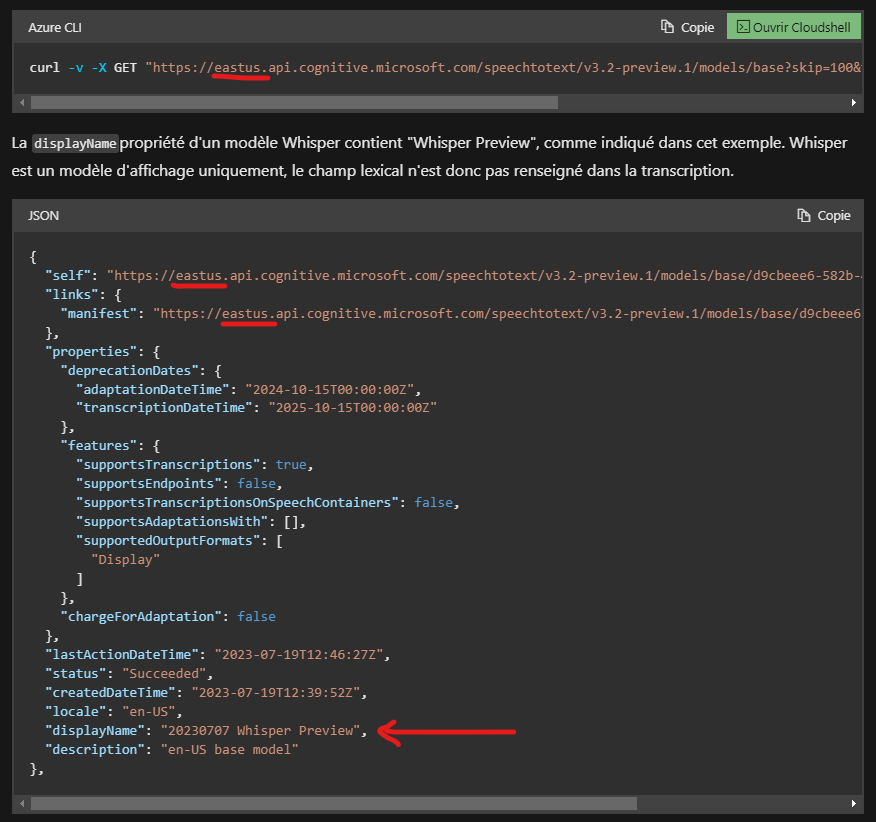 je voudrais utiliser un modèle Whisper (modèle d'Europe de l'Ouest ...