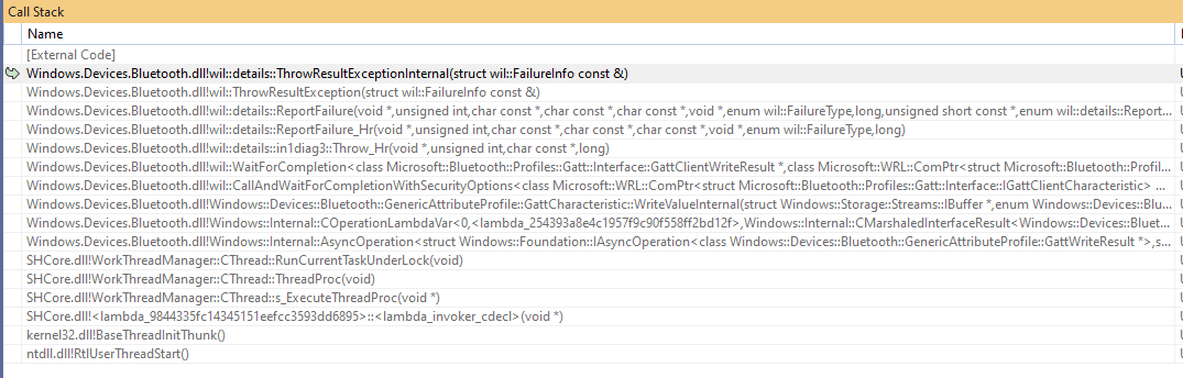 GattCharacteristic.WriteValueAsync Method is directly throwing the exception when called after ...