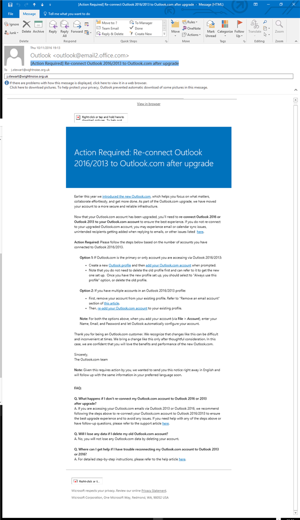 Possible phishing scam--Action Required: Re-connect Outlook 2016/2013 ...