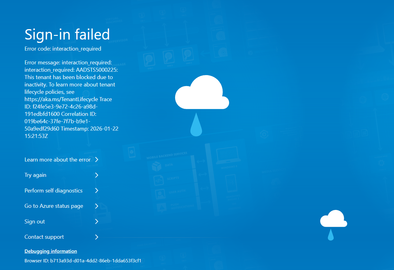 Blue error message while log in to a new Azure account - can't access ...