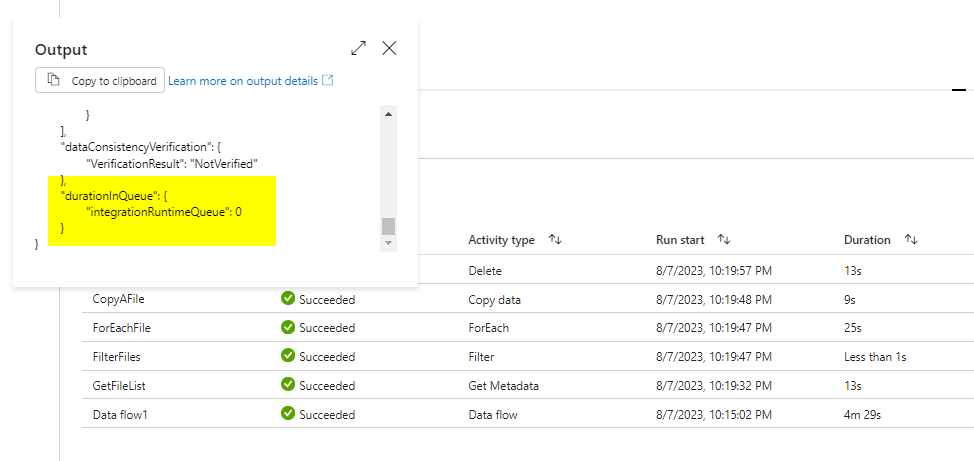 ADF Copy Activity - Missing durationInQueue field in copy activity output - Microsoft Q&A