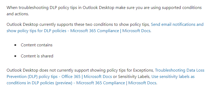 DLP Custom Policy Tips not displaying for certain Actions & Exceptions ...