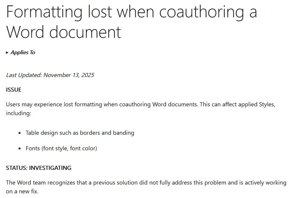 Microsoft Word (365) update to Version 2509 and major formatting issues ...