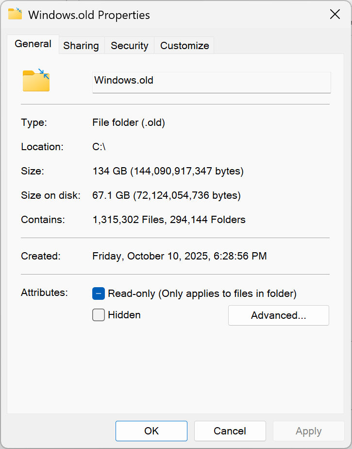 After an update to Windows 11 10.26220.5790 a Windows.old folder ...