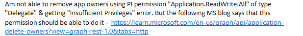 Not able to remove Application owners using Graph API permission "Application.ReadWrite.All" of ...