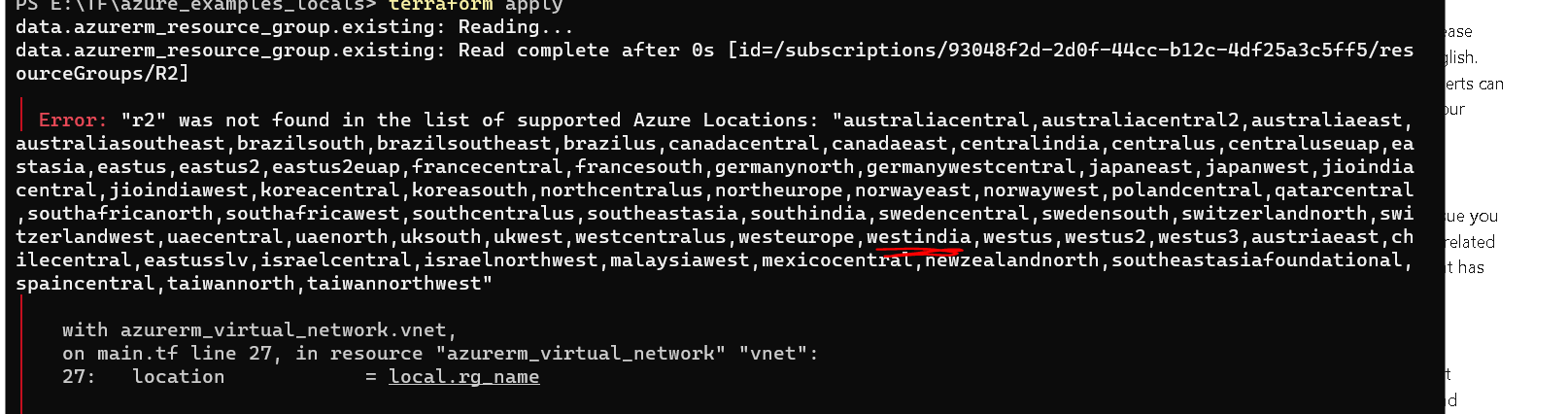 Resource group creation is failing although available location is given - Microsoft Q&A