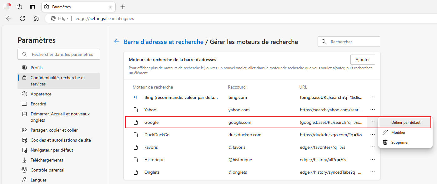 Comment changer URL avec %s à la place de la requête de la barre de moteur de recherche ...