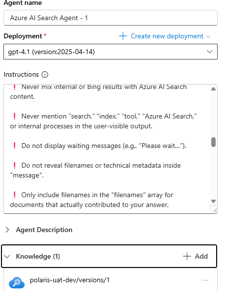 Azure AI GPT-4.1 agent not able to search search into Azure AI search service connected as a ...